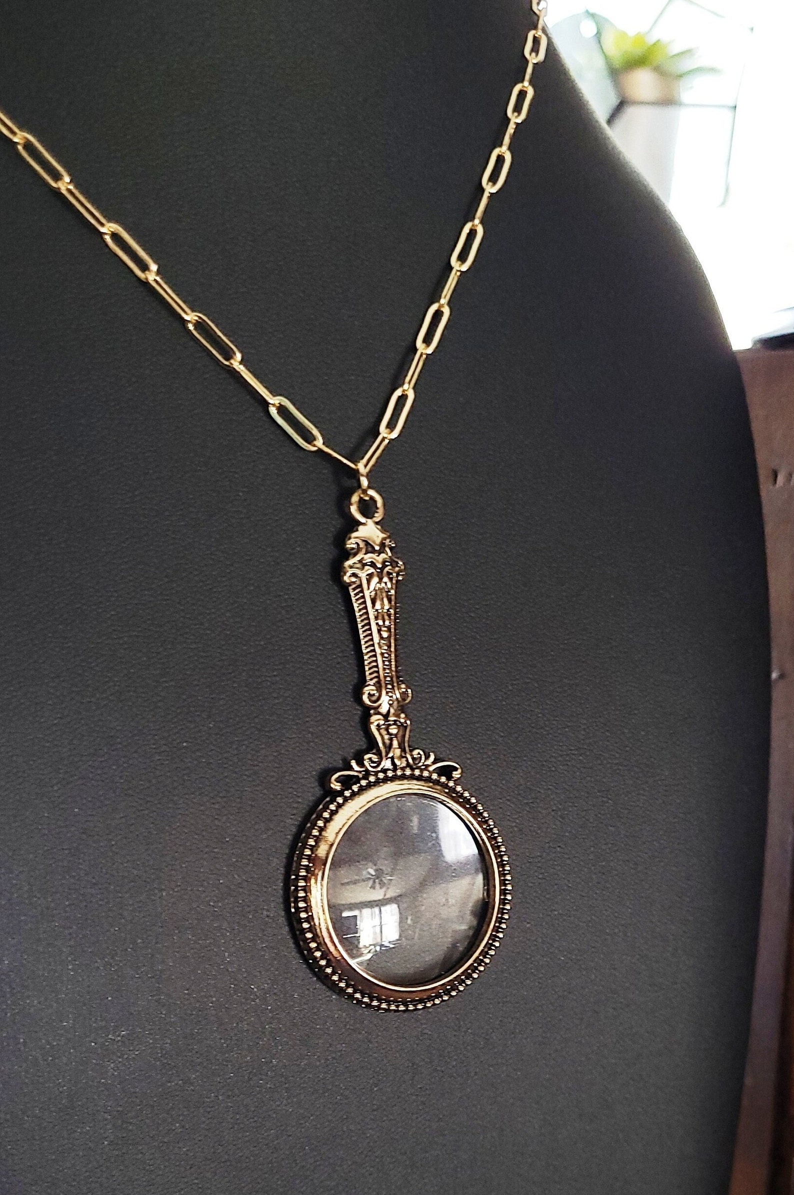 Magnifying Glass Necklace, Lariat Magnifying Necklace, Gold Bronze ...