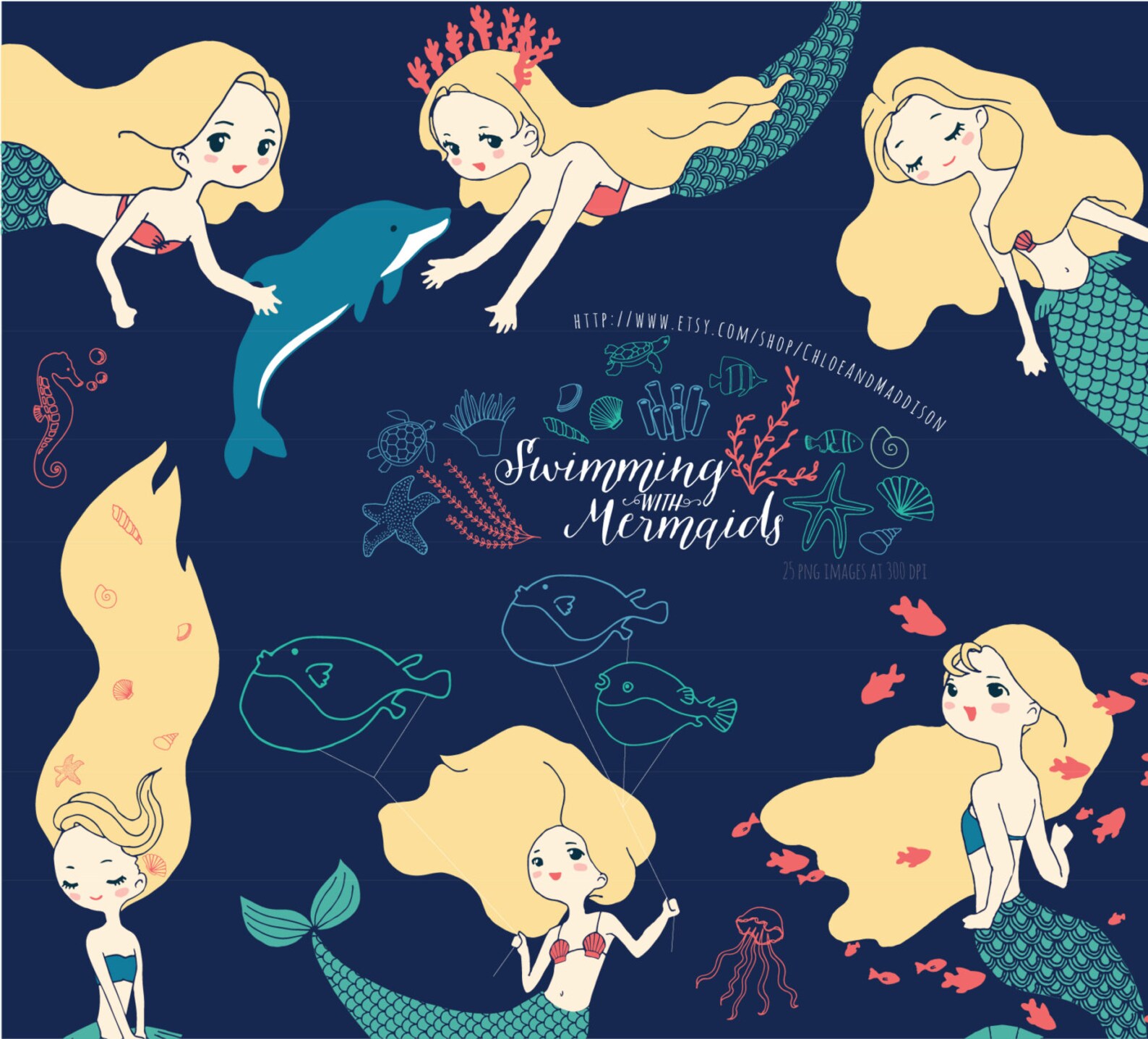 Swimming With Mermaids Clipart Mermaid Seaweed Ocean Vector - Etsy
