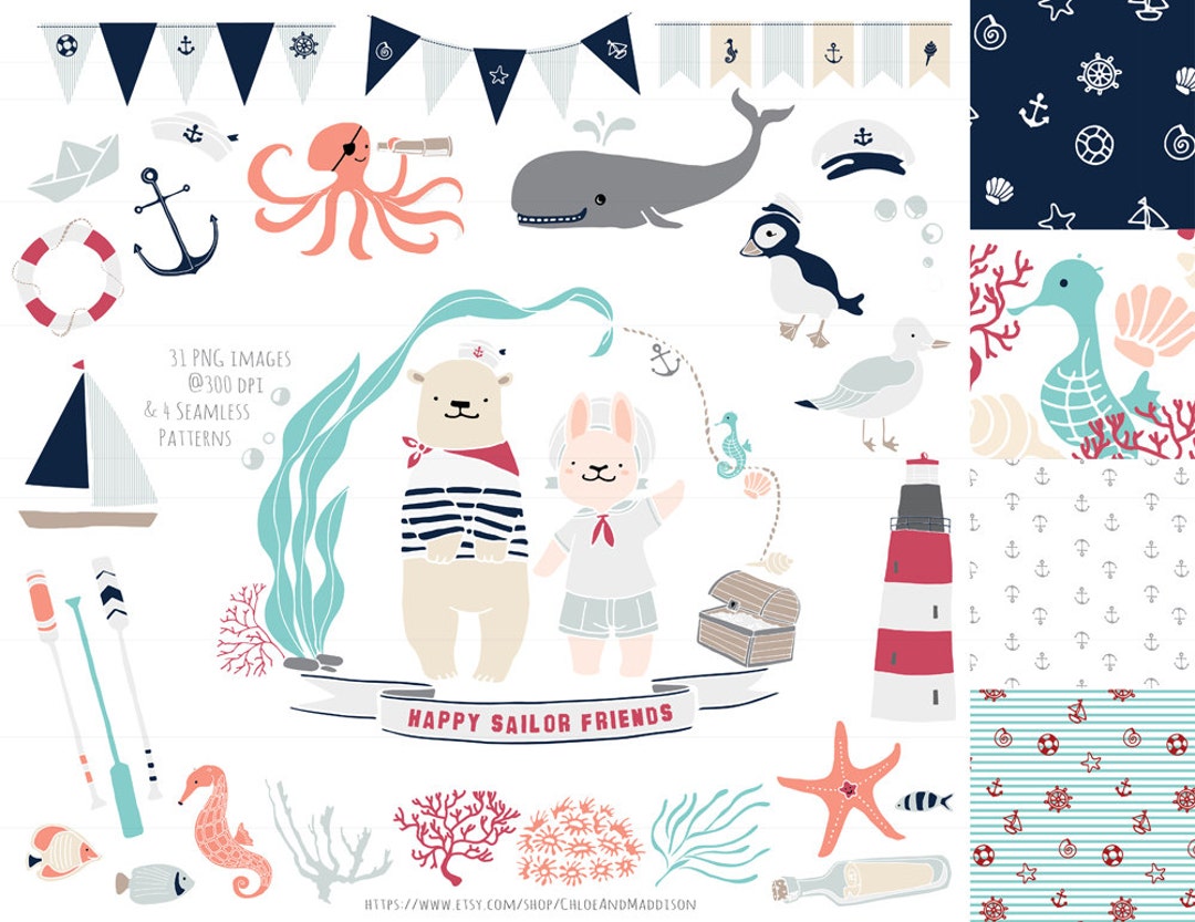 Happy Sailor Friends Clipart Set | Nautical Ocean Seaside Vector Wreath ...