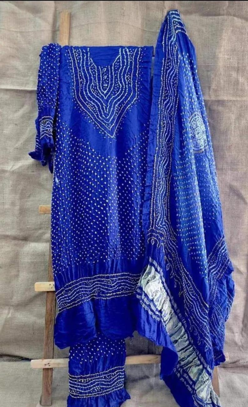 Pure Gaji Silk Cobalt Blue Bandhani Suit Fabric With Dupatta - 80 Grams ...