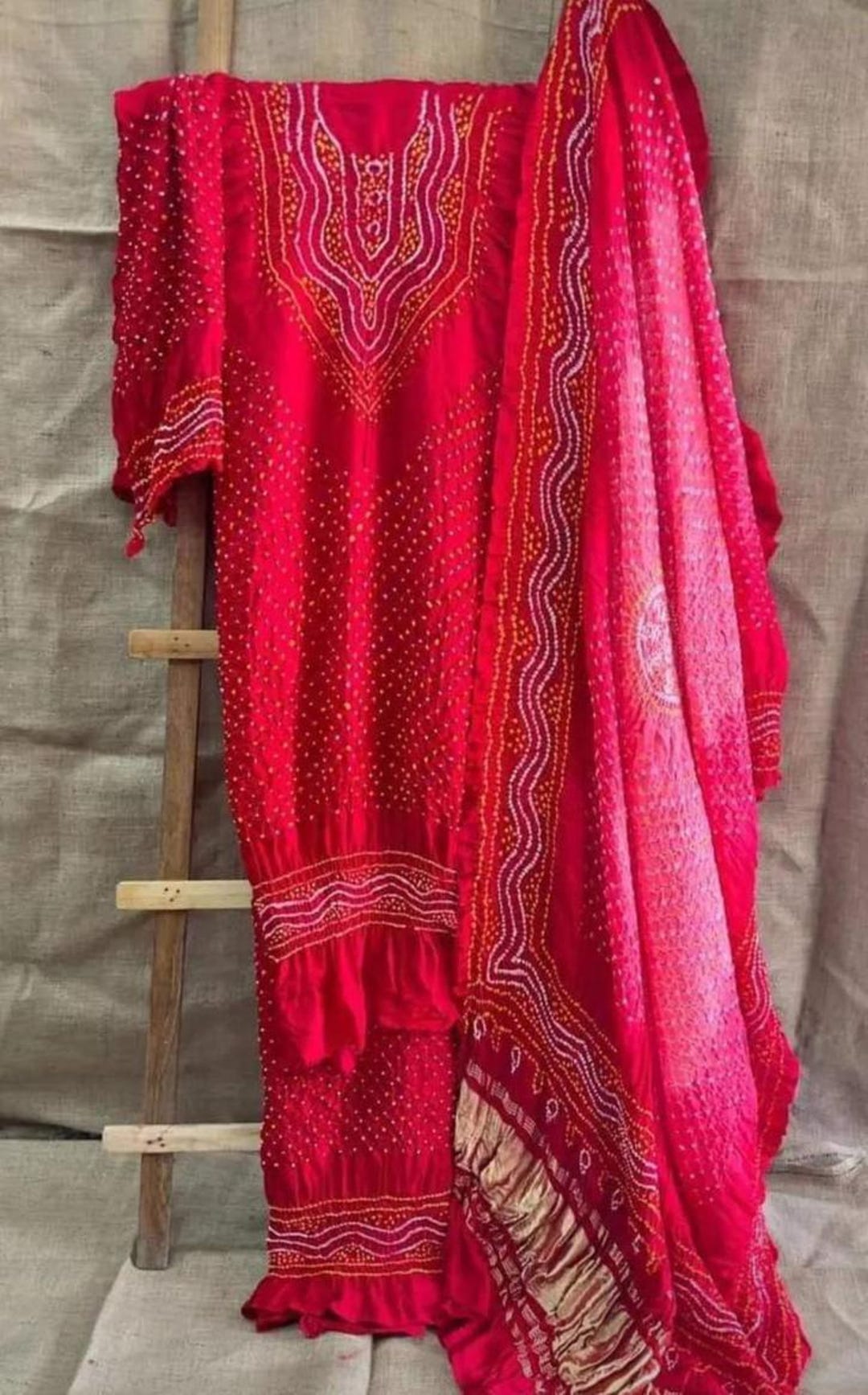 Pure Gaji Silk Two Toned Coral Bandhani Suit Fabric With Dupatta - 80 ...