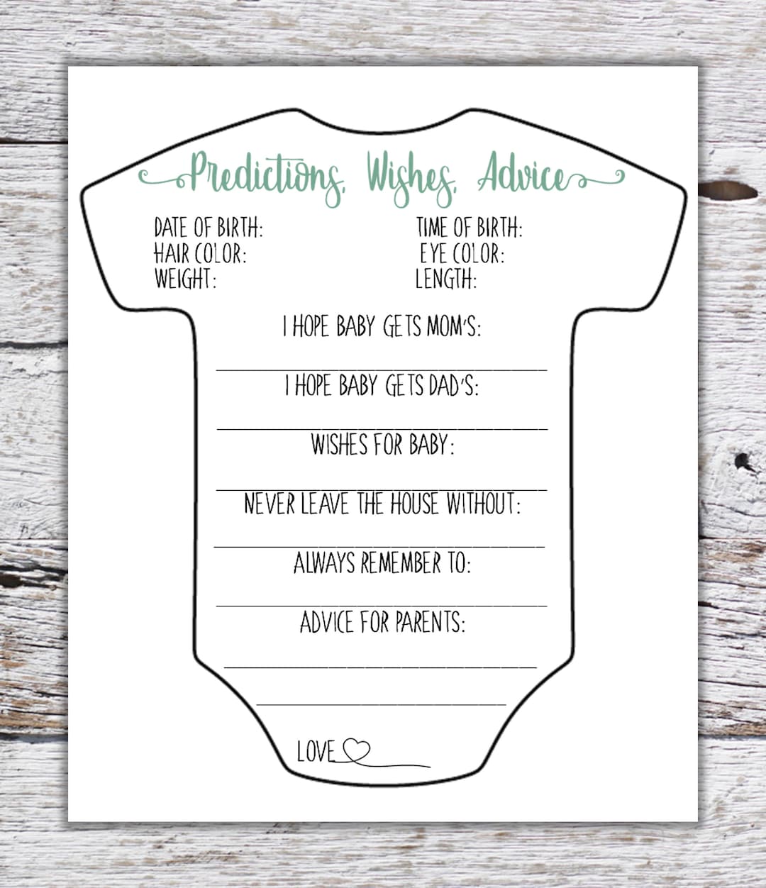 Baby Shower Predictions Wishes Advice Onesie Cards, Boy Girl Gender ...