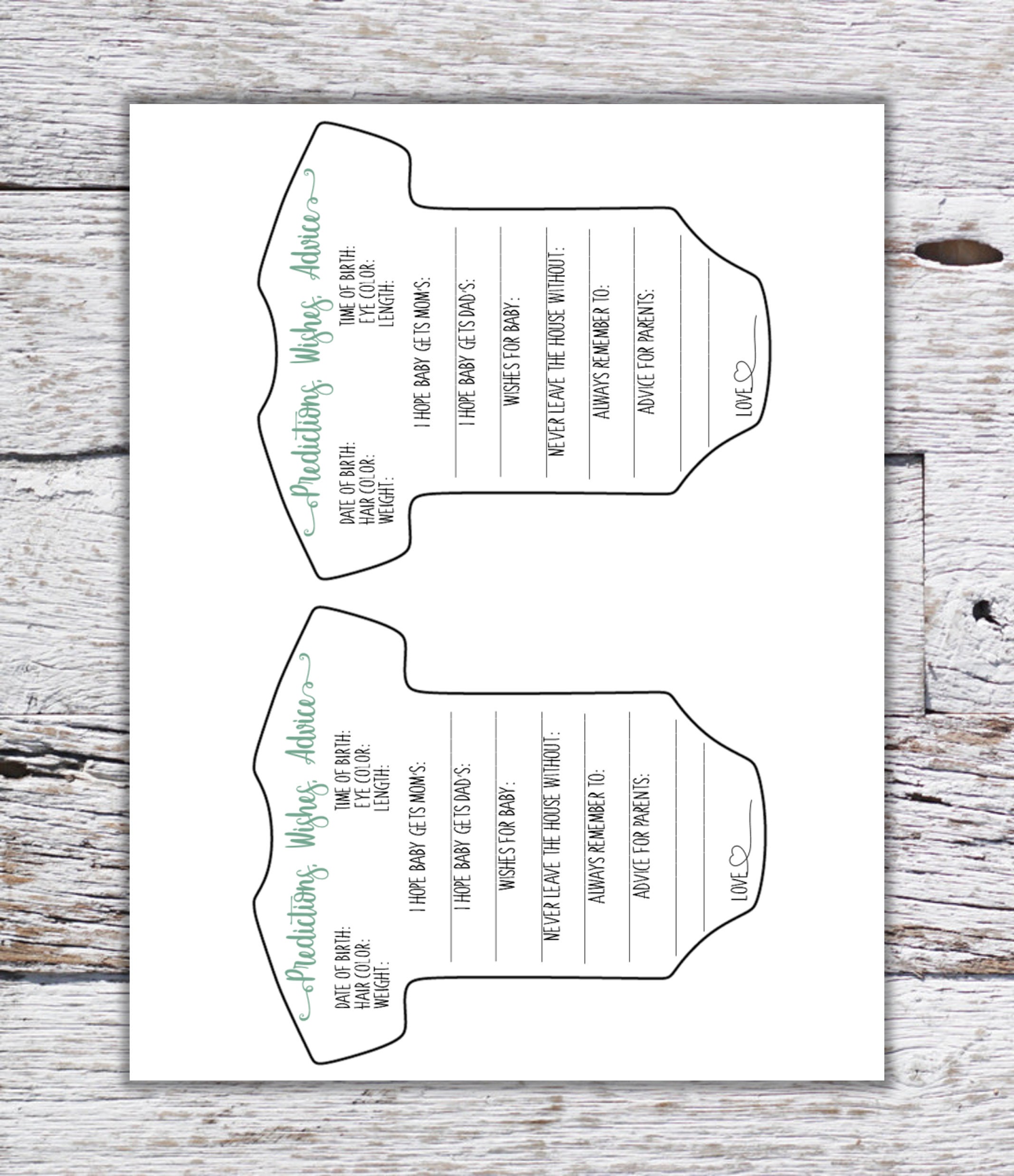 Baby Shower Predictions Wishes Advice Onesie Cards, Boy Girl Gender ...