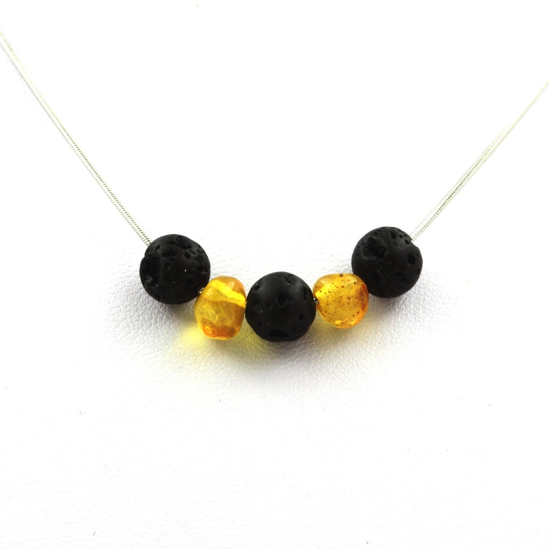 8 Mm Lava Pearl Necklace Genuine Baltic Sea Amber, Stainless Steel ...