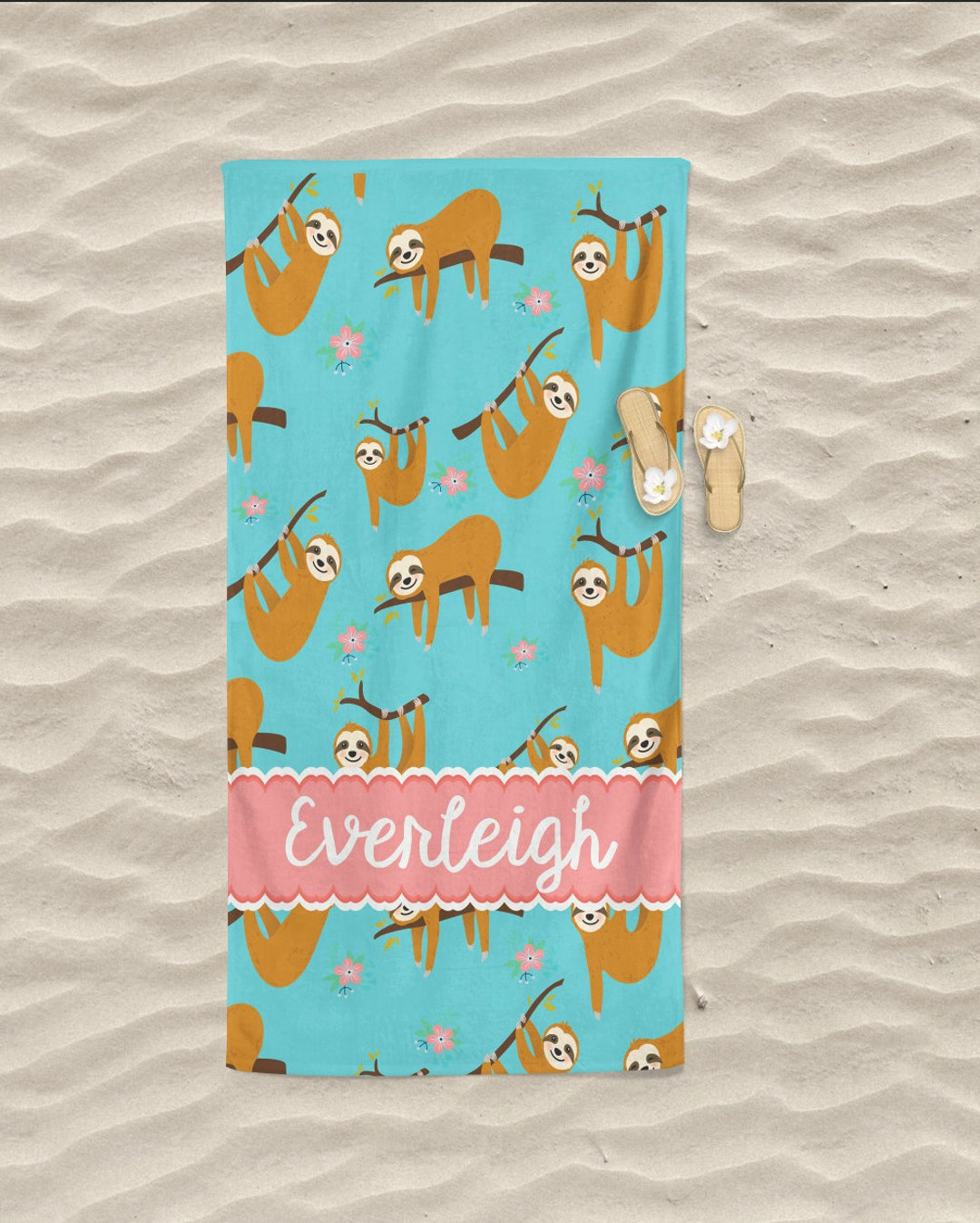 Personalized Monogram Beach Towel Sloth Print Towel Personalized ...