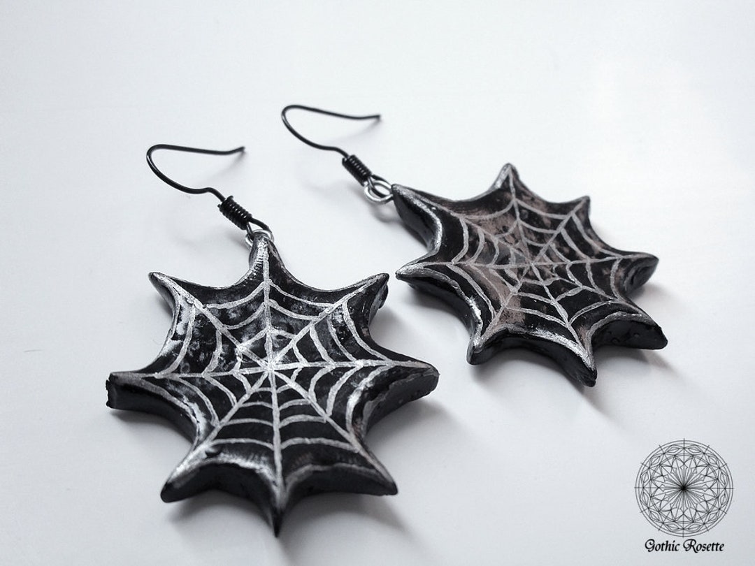 Gothic Halloween Earrings With Spiderweb Pattern, Clay Goth Earrings ...