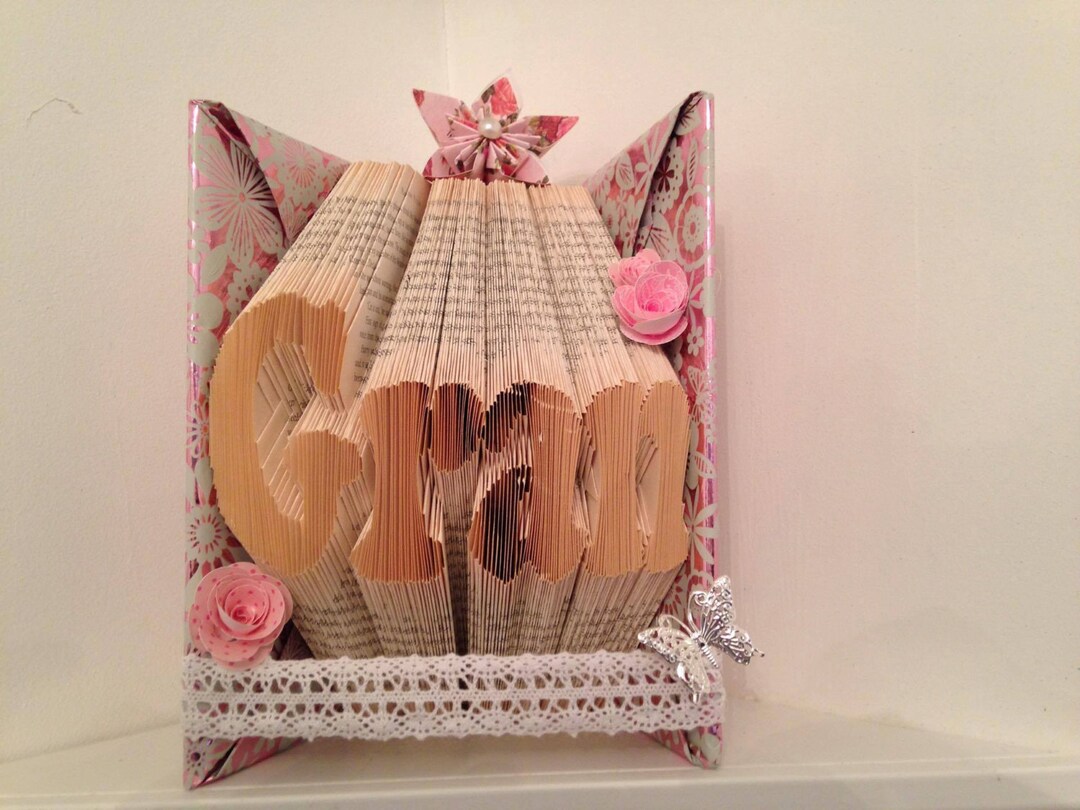 Gran Book Fold Origami With Flowers Gems and Ribbon Hand Made - Etsy