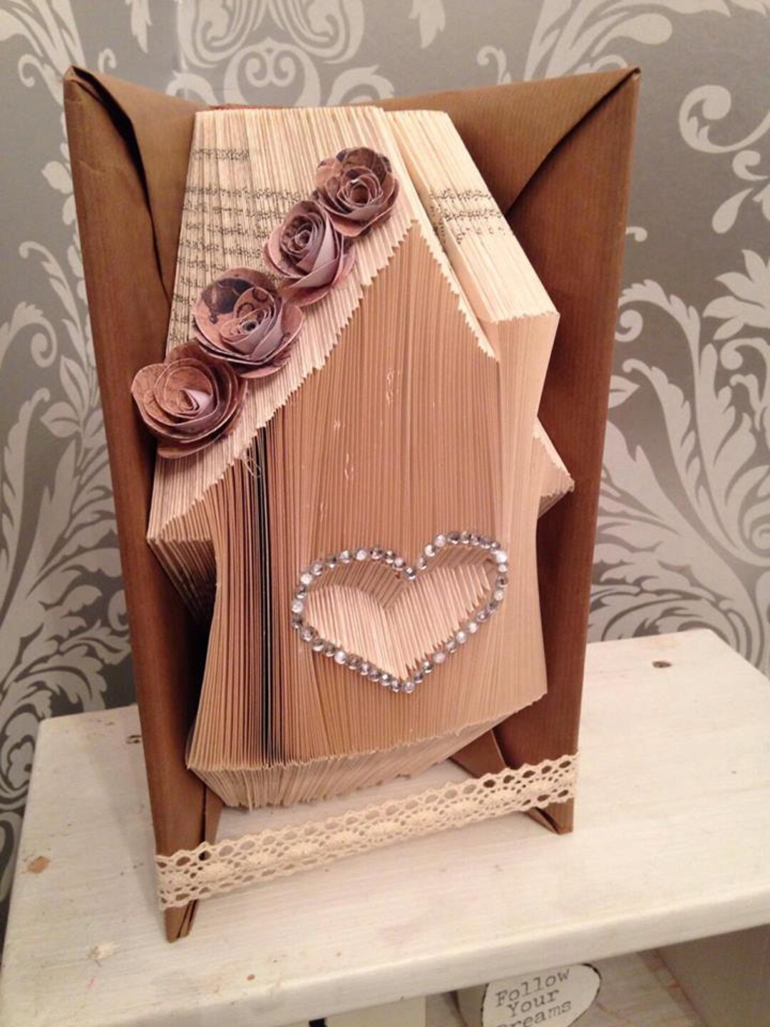 Hand Made "house" Book Fold Origami With Flowers Gems and Ribbon - Etsy