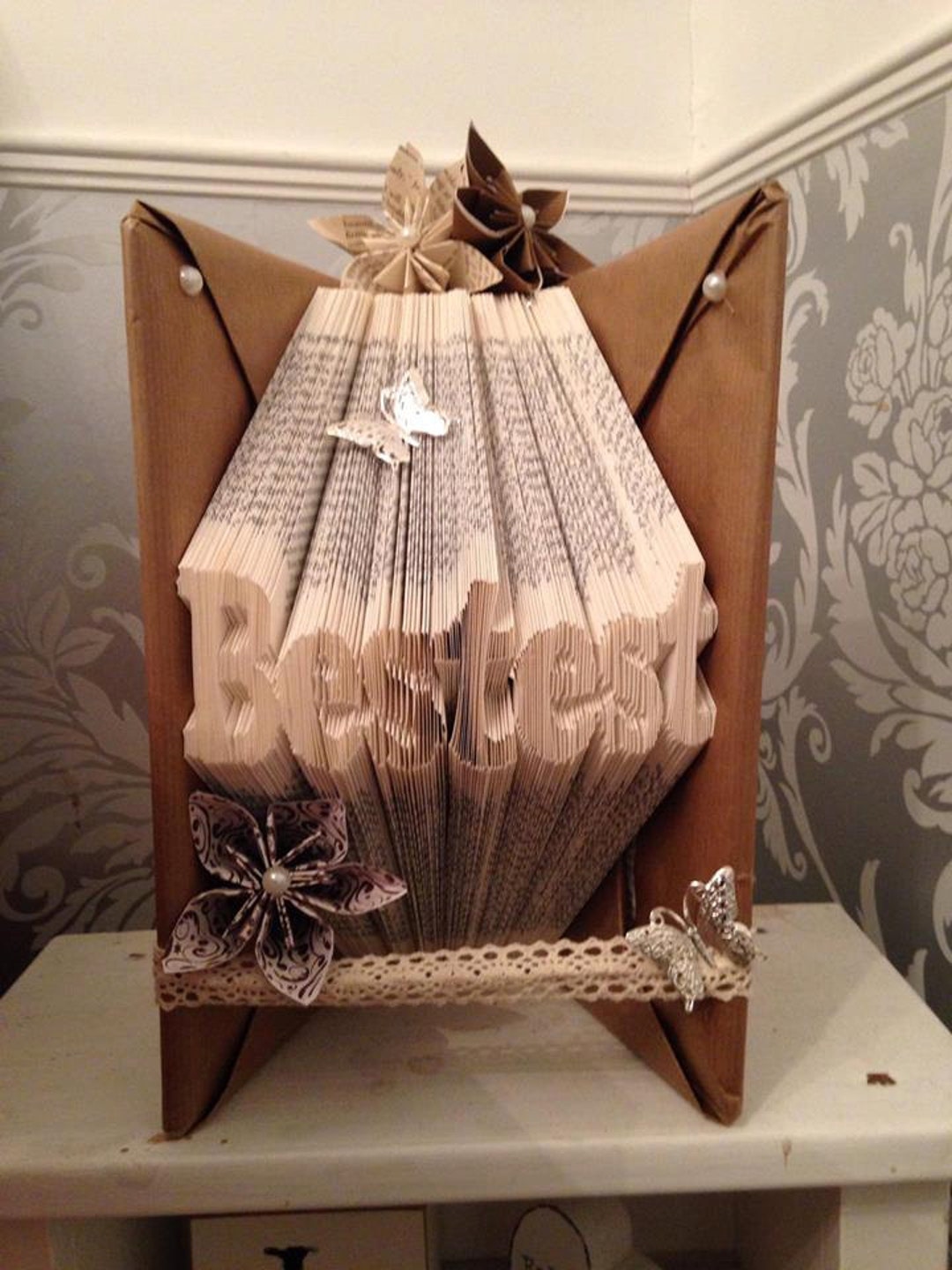 Hand Made "bestest" Book Fold Origami With Flowers Gems and Ribbon - Etsy