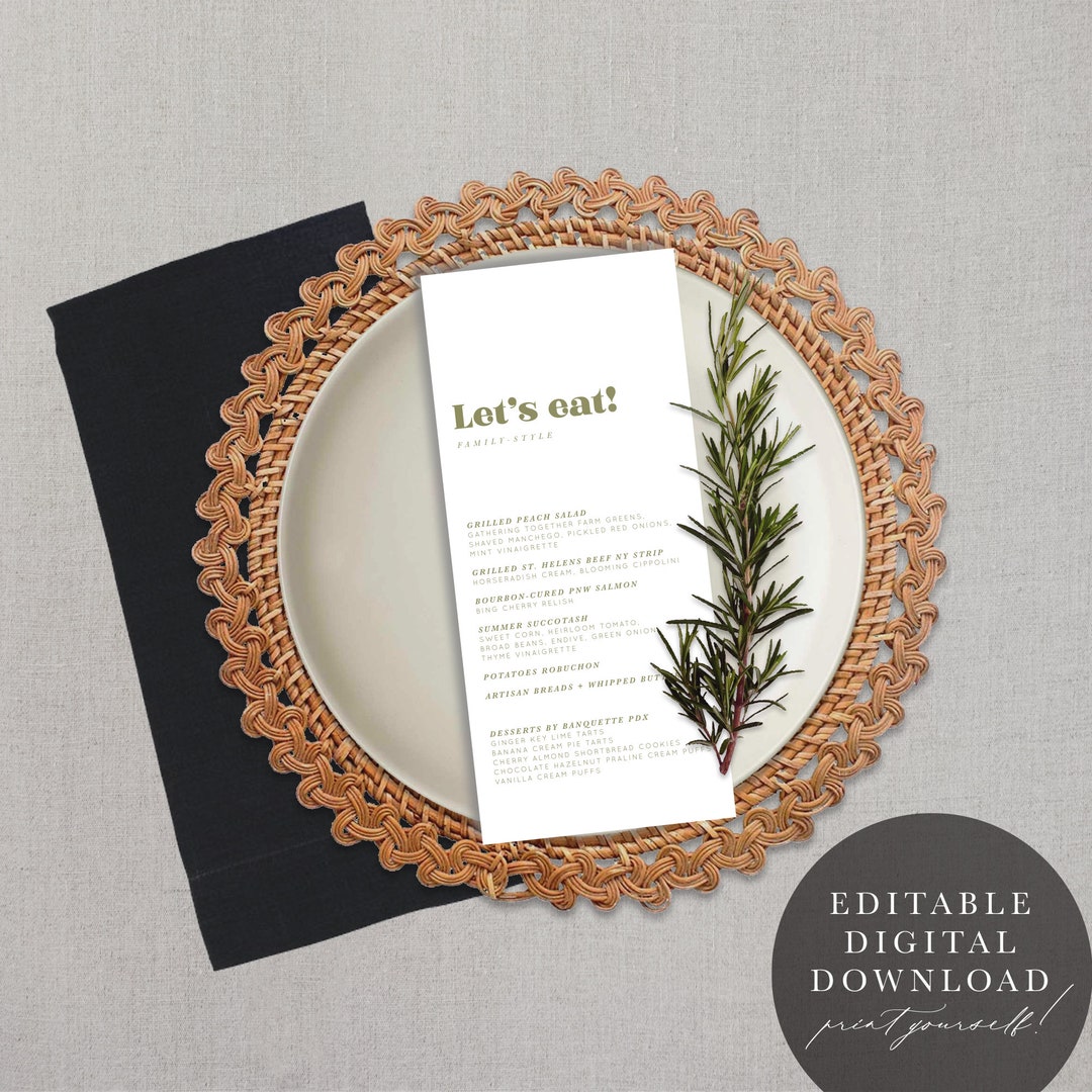 Retro Olive Green Dinner Menu, Digital Download, DIY, Wedding Menu - Etsy