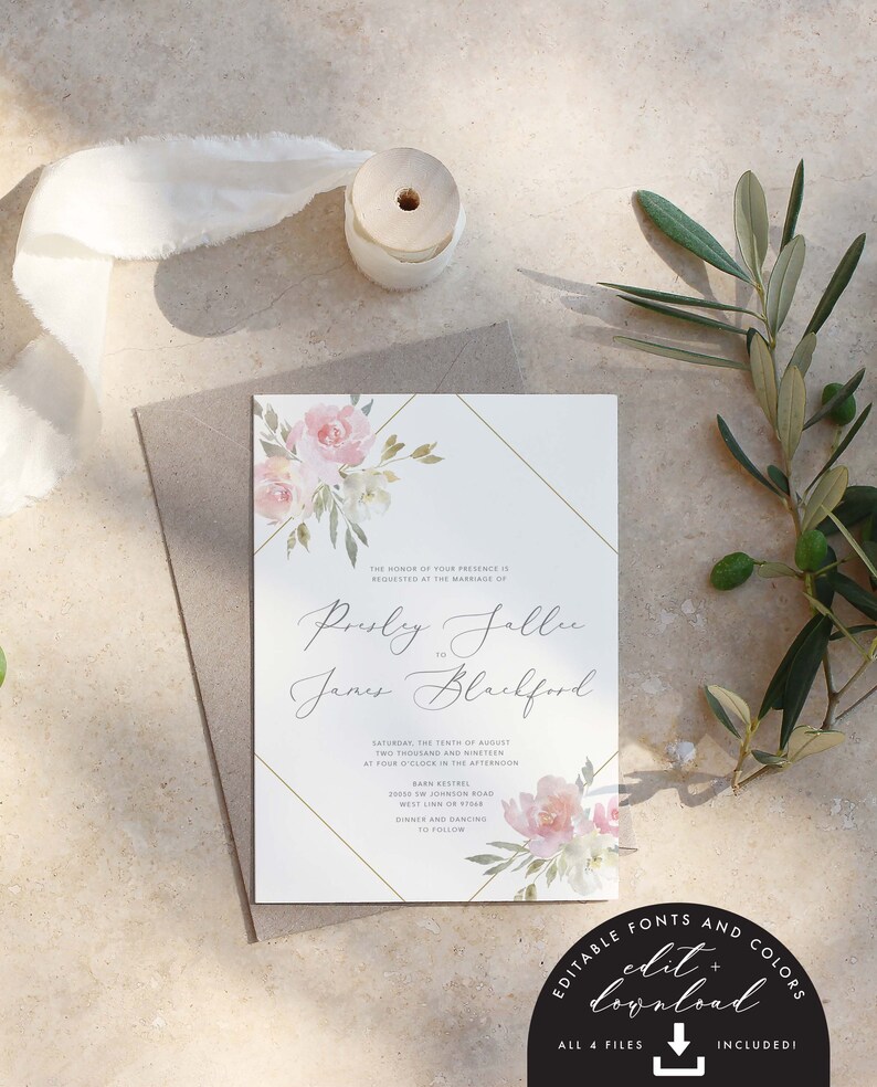 Spring Blush Floral Wedding Invitation Set Watercolor Florals | Etsy