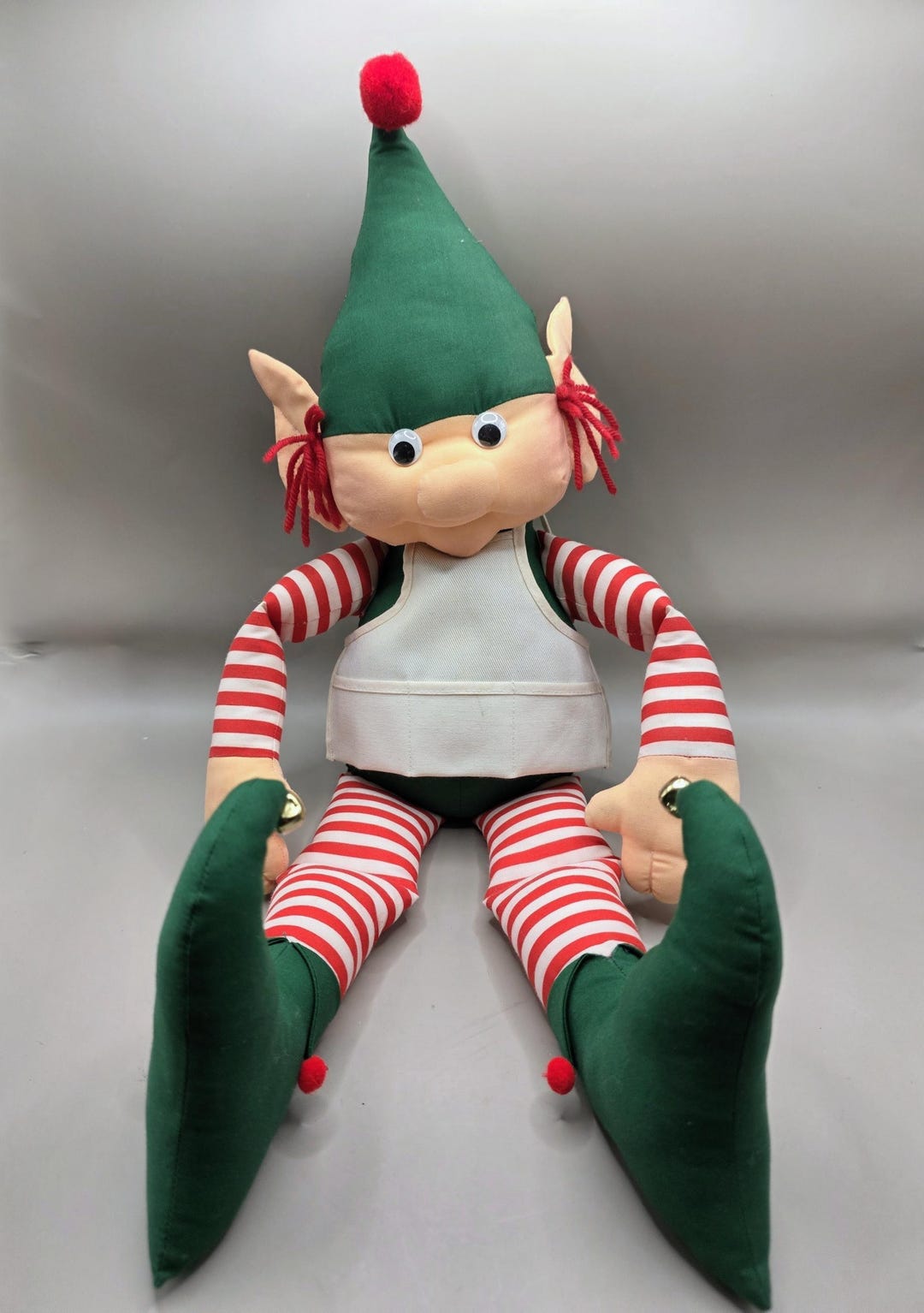 Vintage 50s 60s Large Christmas Elf Plush Doll Shelf Sitter Red Green ...