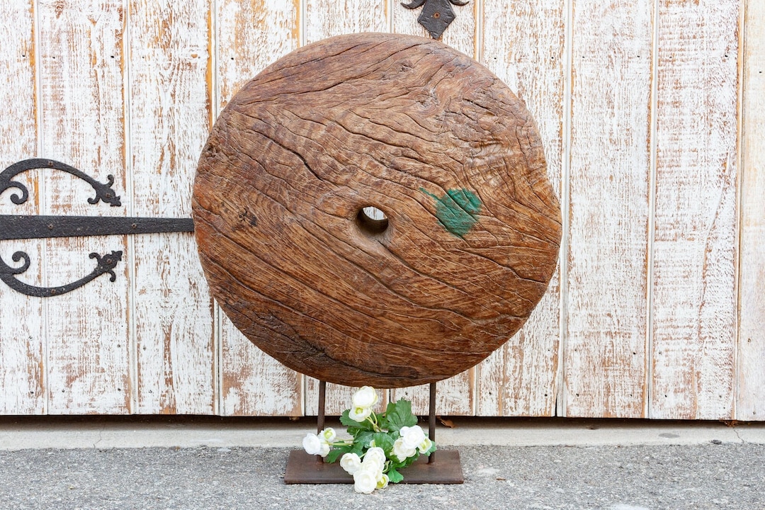 Large Antique Teak Wheel With Iron Stand, Semi-fossilized Wheel on Stand, Rustic Antique Wheel ...