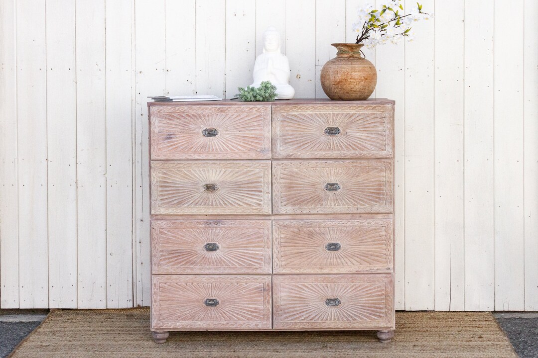Large Carved Teak Sunburst Dresser, Sunburst Carved Chest of Drawers, 8 ...