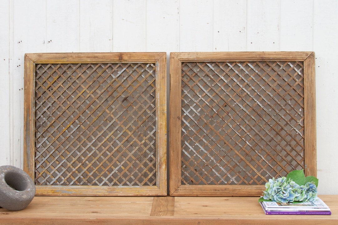 Pair of Antique Wooden Lattice Panel, Set of 2 Window Screens, Antique ...