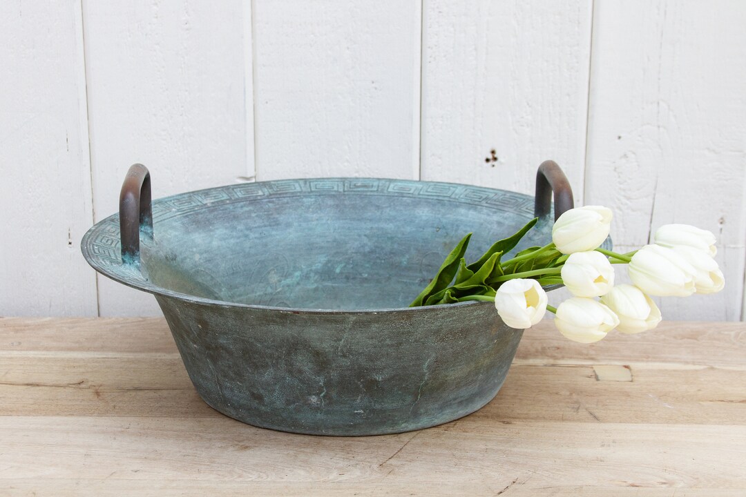 Large Antique Verdigris Copper Pot, Antique Chinese Copper Basin, Verdigris Copper Water Bowl ...