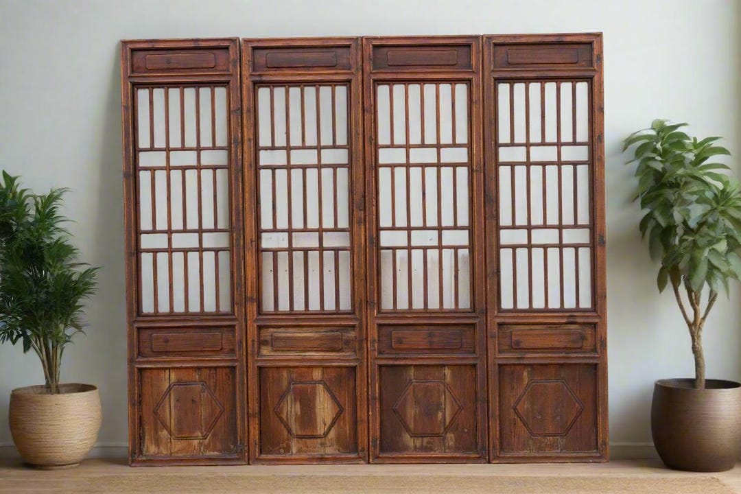 Antique Elm Wood Screen Panels: Set of Four, Rustic Asian Headboard - Etsy