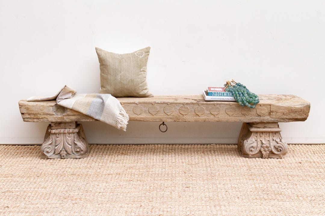Ancient Sun-bbleached Teak Beam Bench, Rustic Teak Entryway Bench ...