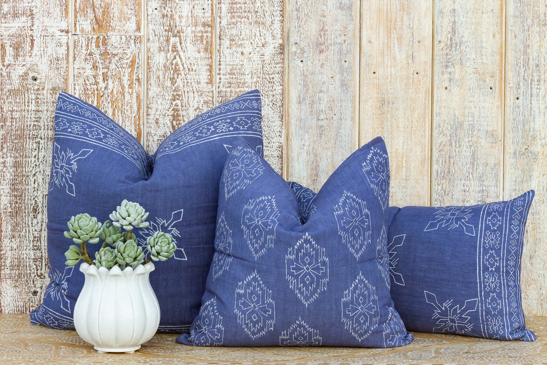 Blue Dusk Aztec Block Print Pillow,block Print Decorative Linen Pillow ...