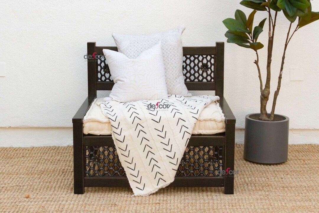 Moroccan Jali Club Chair: Distressed Black Carved Teak Lounge Club ...