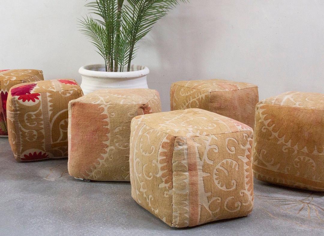 Antique Suzani Cube Ottoman, Decorative Suzani Cube Ottoman, Bohemian ...