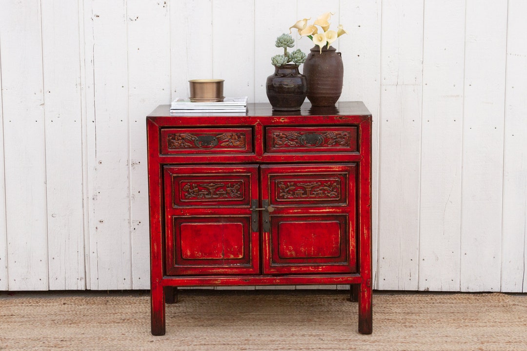 Finely Carved Red Chinese Cabinet,red Lacquer Cabinet,traditional Asian ...