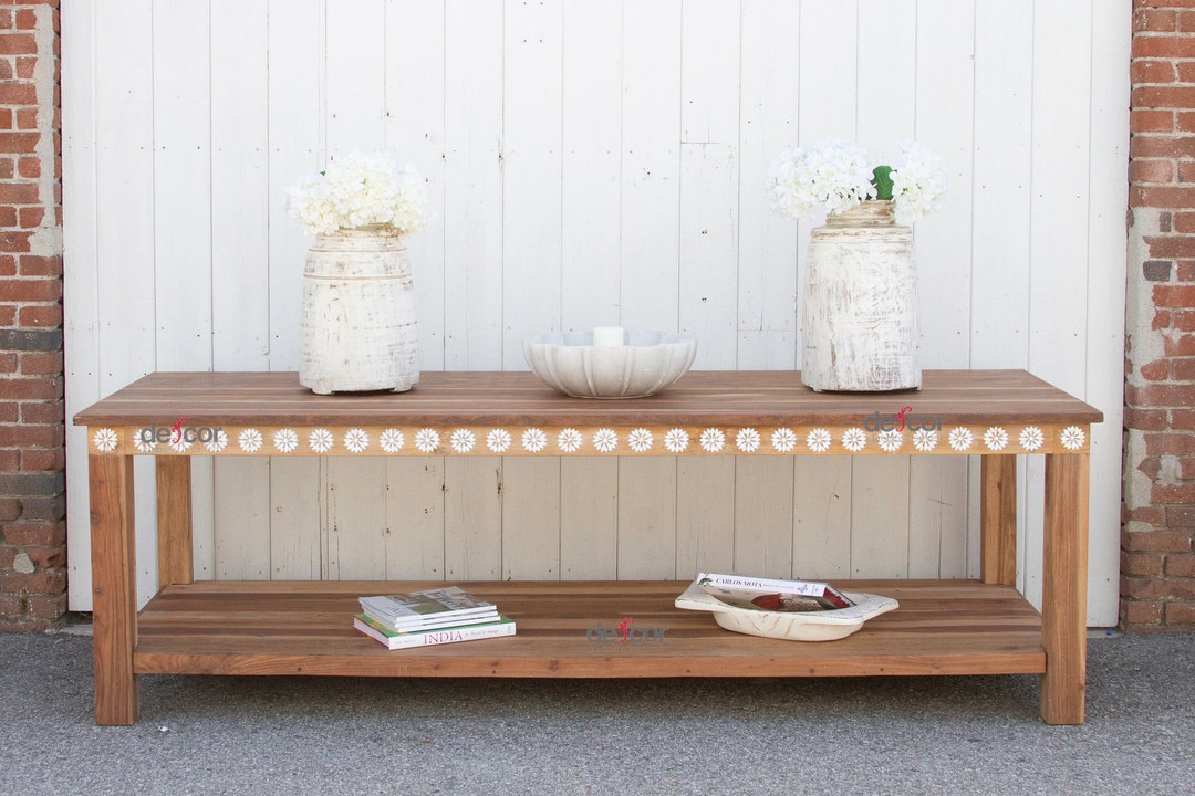 Large Reclaimed Teak Inlaid Blossom Table, Teak & Shell Inlay Console ...