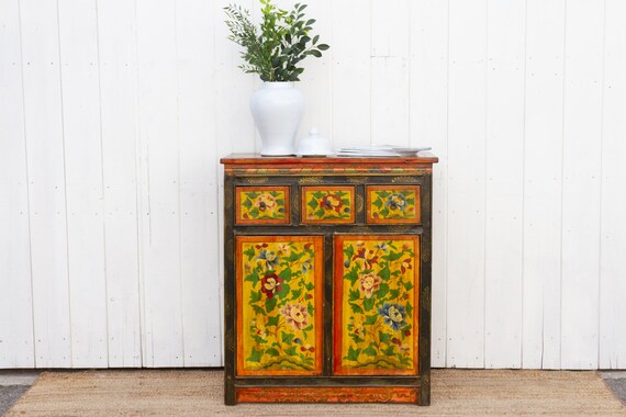 Antique Floral Tibetan Tall Cabinet Rustic Asian Cabinet Distressed Floral Painted Cabinet Antique Tibetan Cabinet Ornate Floral Cabinet Etsy