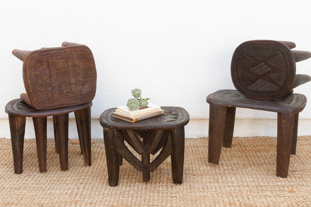 Egan Nupe Rustic African Stool, Tribal Motif Nupe Small Coffee Table ...