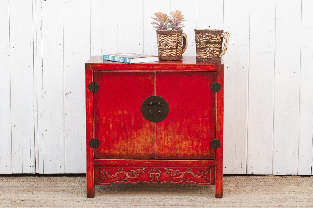 Red Lacquered Small Dragon Cabinet, Chinese Lacquerware Furniture, Red ...