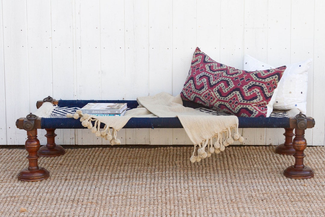 Vintage Woven Charpai Bench: Long Blue & White Seating 72" - Etsy