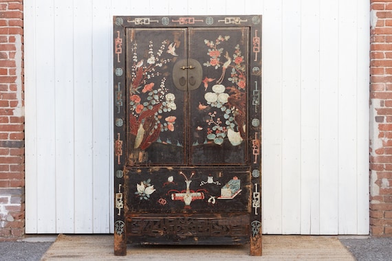 Antique Black Floral Chinoiserie Armoire Antique Cabinet Floral Chinoiserie Wardrobe Black Lacquer Wardrobe Traditional Asian Armoire Etsy