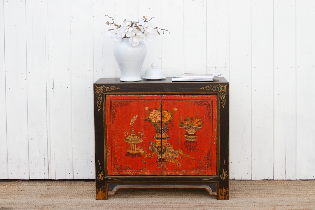 Mongolian Red & Black Floral Cabinet, Vintage Floral Painted Cabinet ...
