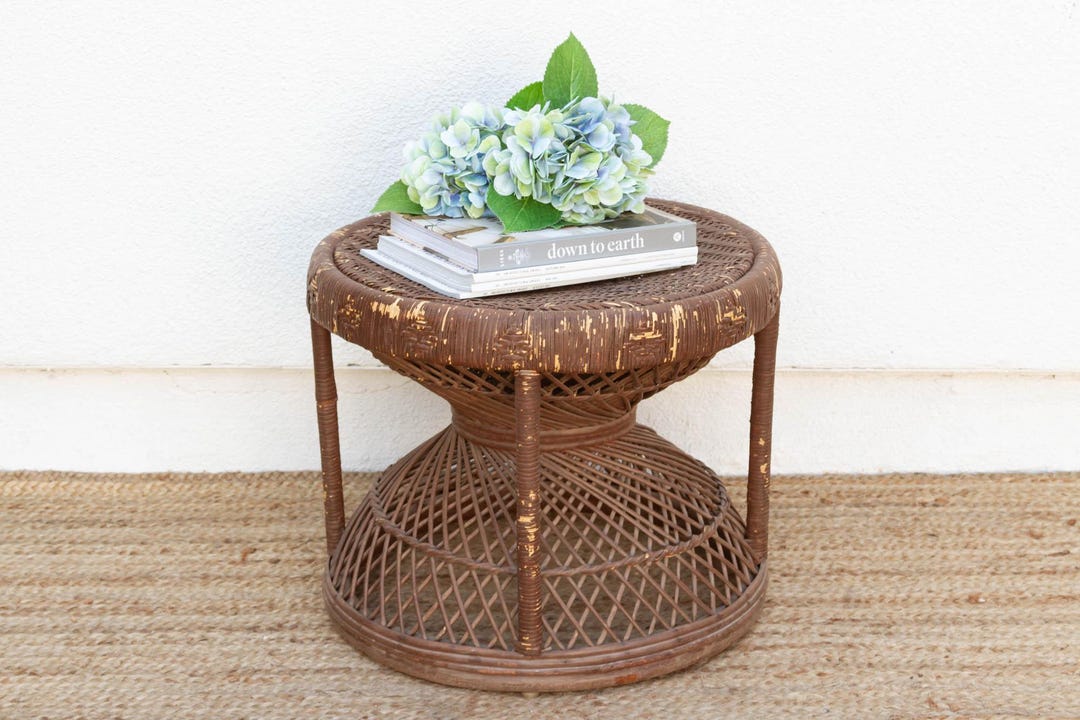 Small Vintage Rattan End Table,handcrafted Rattan Accent Table,mid ...