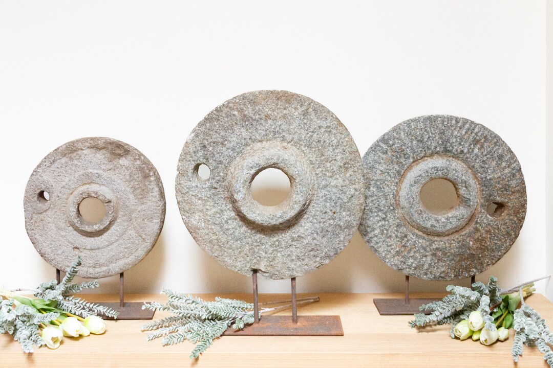 Large Grinding Stone on Stand, Antique Round Grinding Stone Art, Carved ...