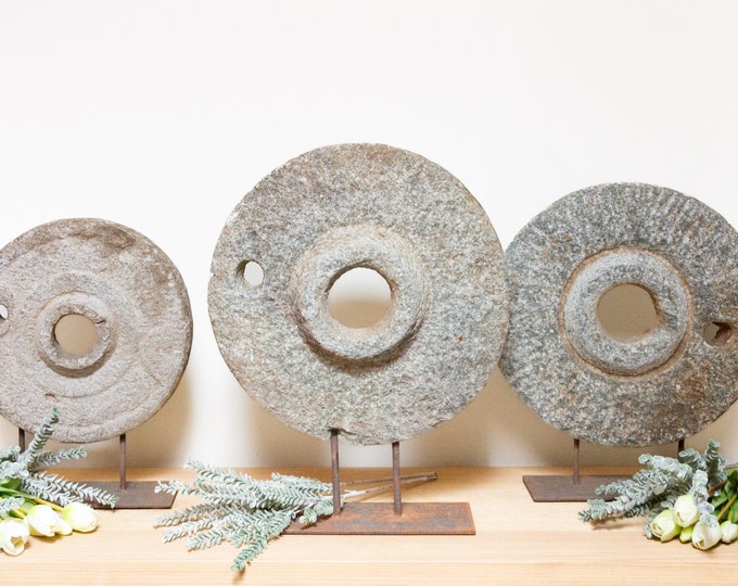 Large Grinding Stone on Stand, Antique Round Grinding Stone Art, Carved ...