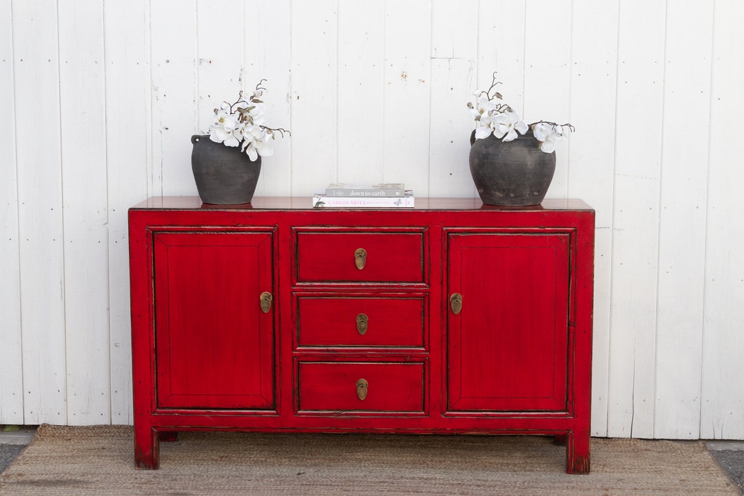 Red Lacquered Asian Enfilade Buffet,red Lacquer Cabinet,lacquered ...