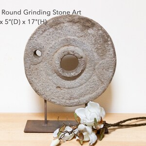Large Grinding Stone on Stand, Antique Round Grinding Stone Art, Carved ...