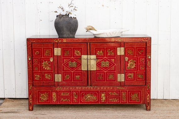 Mid century Bridal Red Painted Credenza Vintage Painted Storage Sideboard Painted Vintage Buffet Cabinet Hand painted Mid century Cabinet Etsy