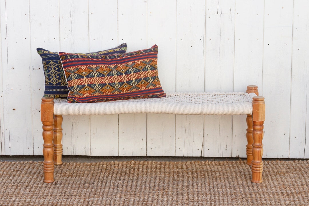 Woven Top Bench: Bleached Wood Charpai, Boho Entryway Bench - Etsy