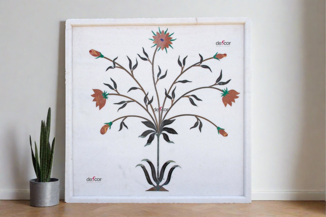 Marble Gemstone Inlay Campanula Wall Panel, Gemstone Inlaid Marble Wall ...