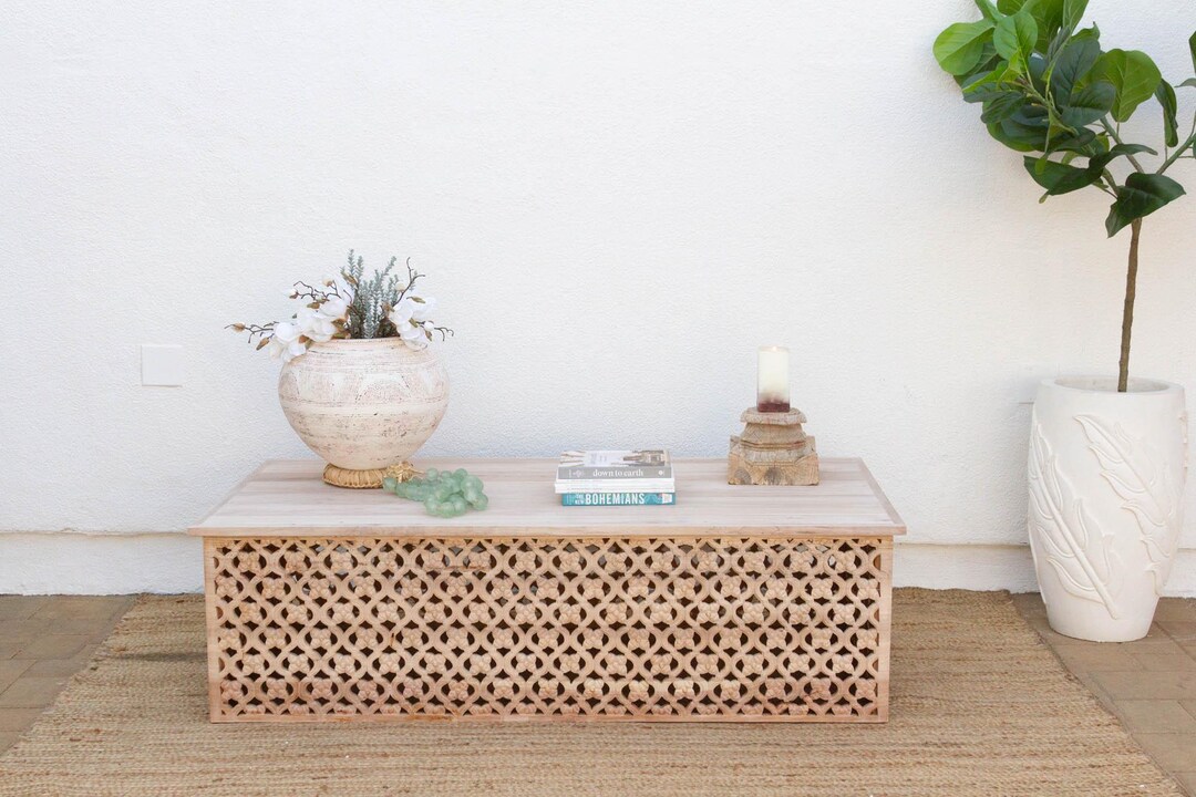 Large Bleached Modern Floral Jali Coffee Table, Floral Patterned Coffee ...