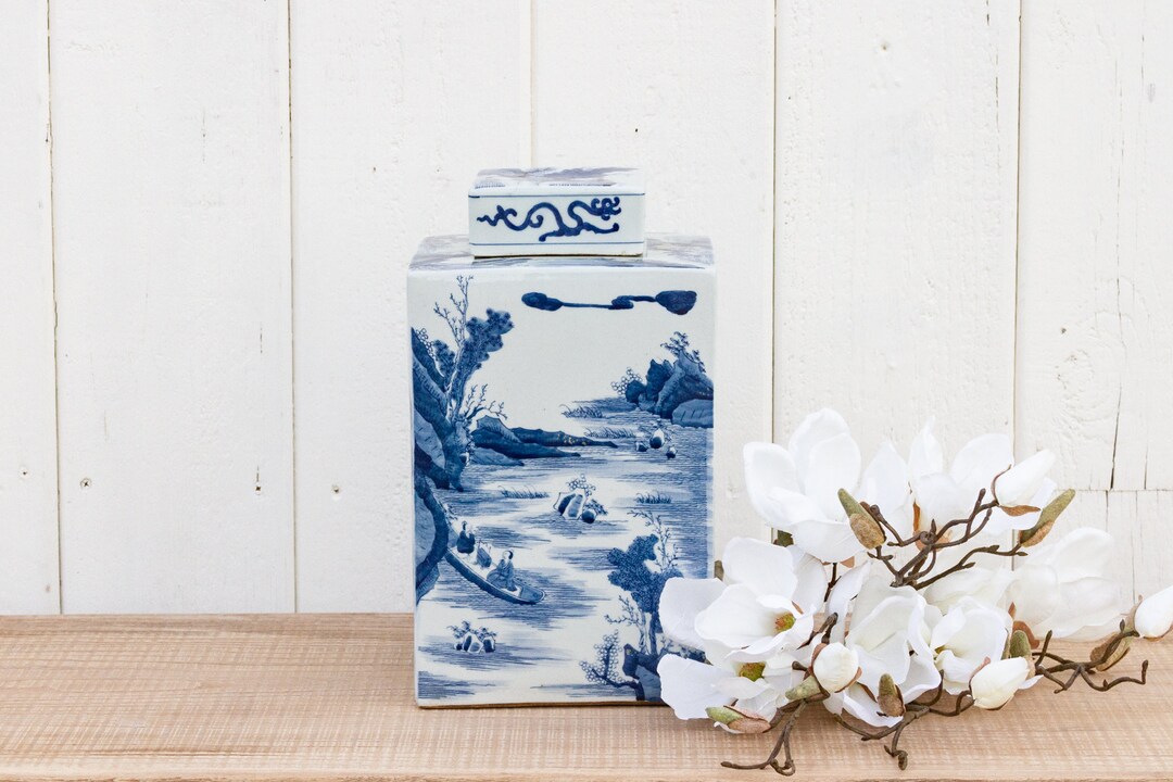Vintage Chinoiserie Blue & White Tea Container, Asian Tea Container ...