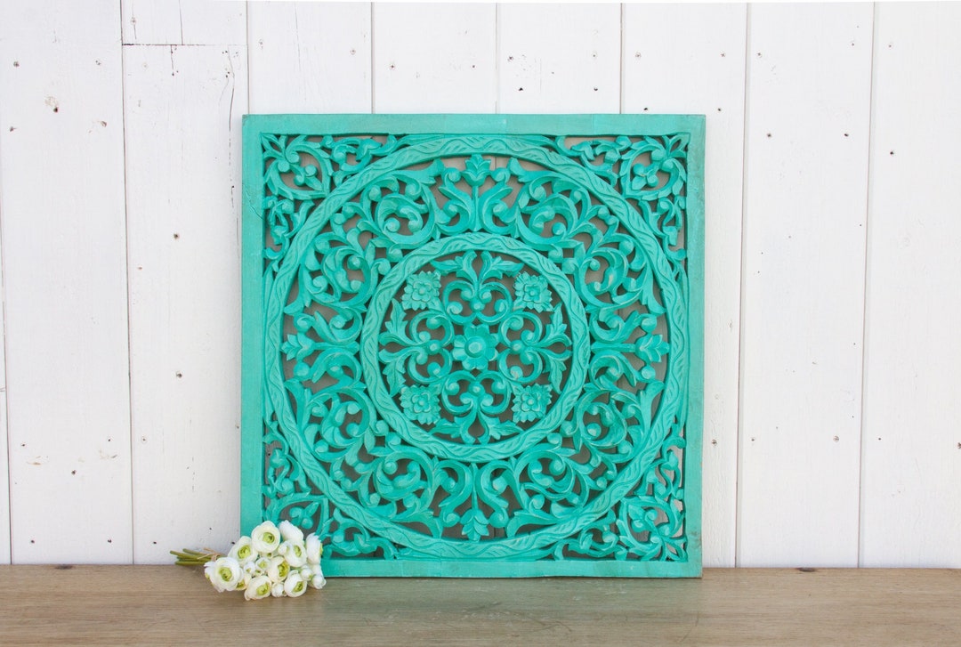 Aqua Blue Small Lotus Panel, Lotus Wall Art, Carved Wood Decorative ...