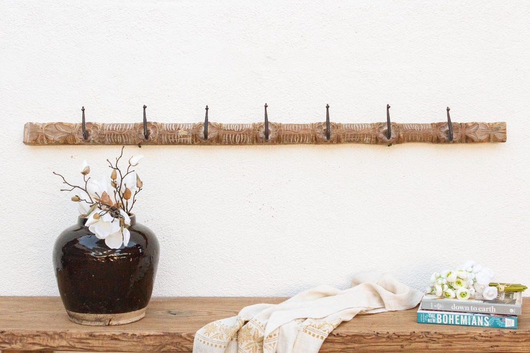Rustic Floral Bleached Wood Wall Hook, Farmhouse Wall Hooks, Antique ...