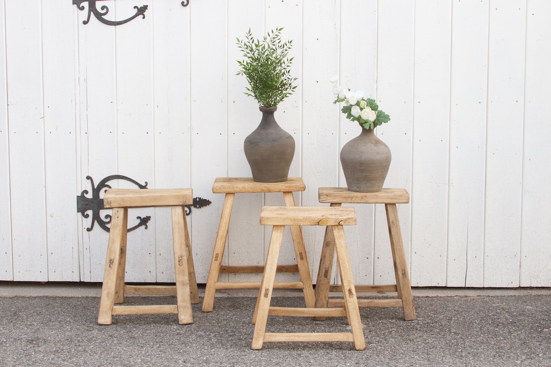 Rustic Farmhouse Wood Stool, Reclaimed Elm Wood Stool, Distressed Elm ...