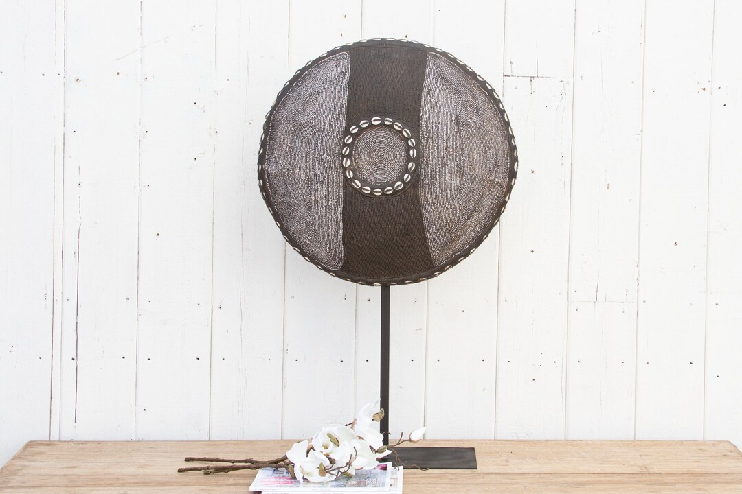 Bamileke Beaded & Shell Shield on Stand, Vintage Primitive African ...