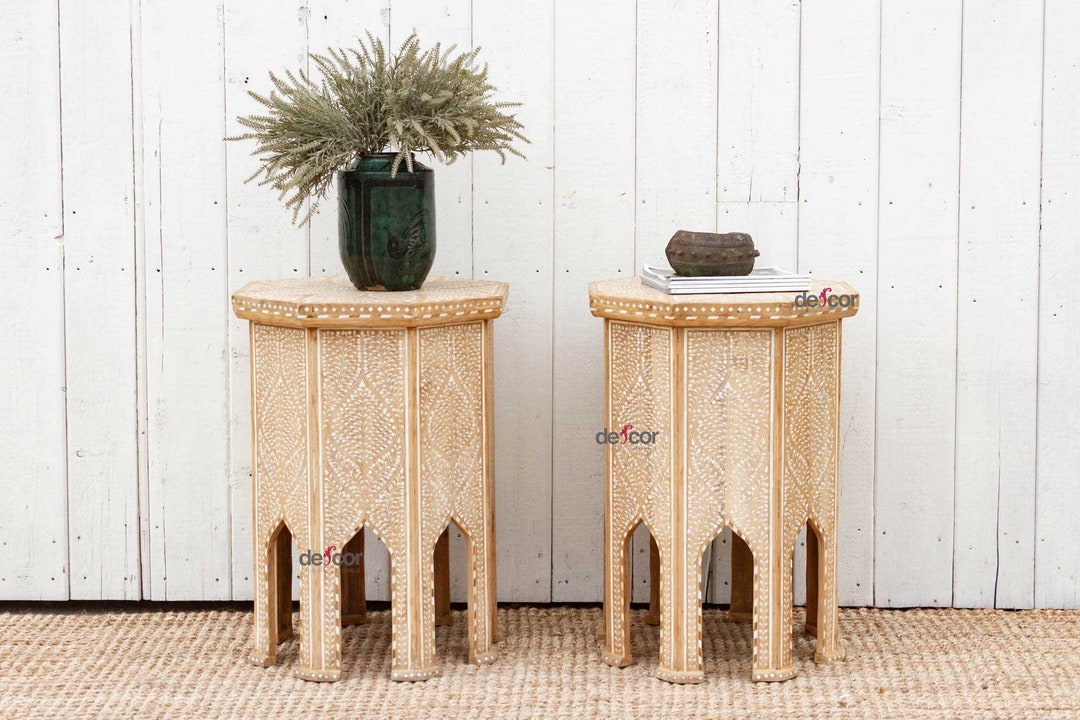 Pair of Fine Bleached Teak & Inlay End Tables, Artisanal Inlay Design, Stylish End Tables ...