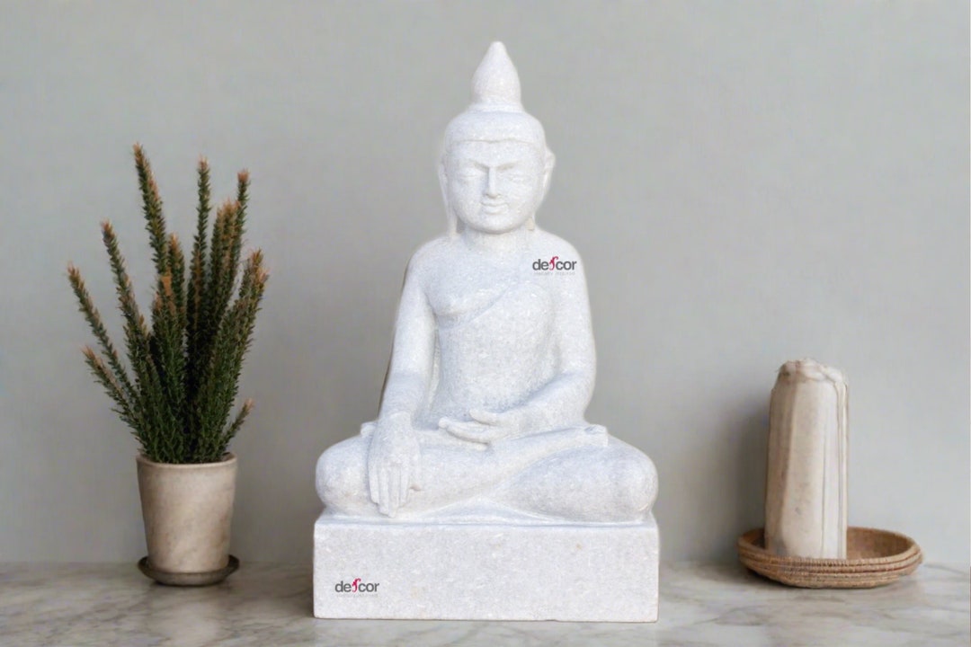 Stately White Marble Mediating Buddha, Large Marble Buddha, Tall Garden ...