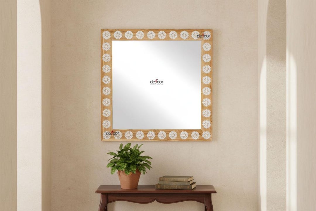 Square Teak Mirror: Bleached Blossom Mother of Pearl Inlay, Coastal ...